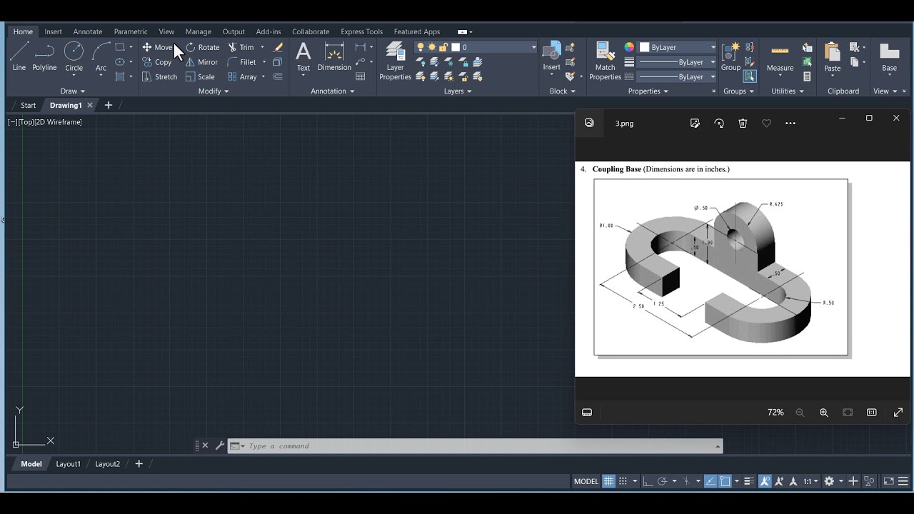 Coupling Base orthographic (front, top & side) drawing in Autocad ...