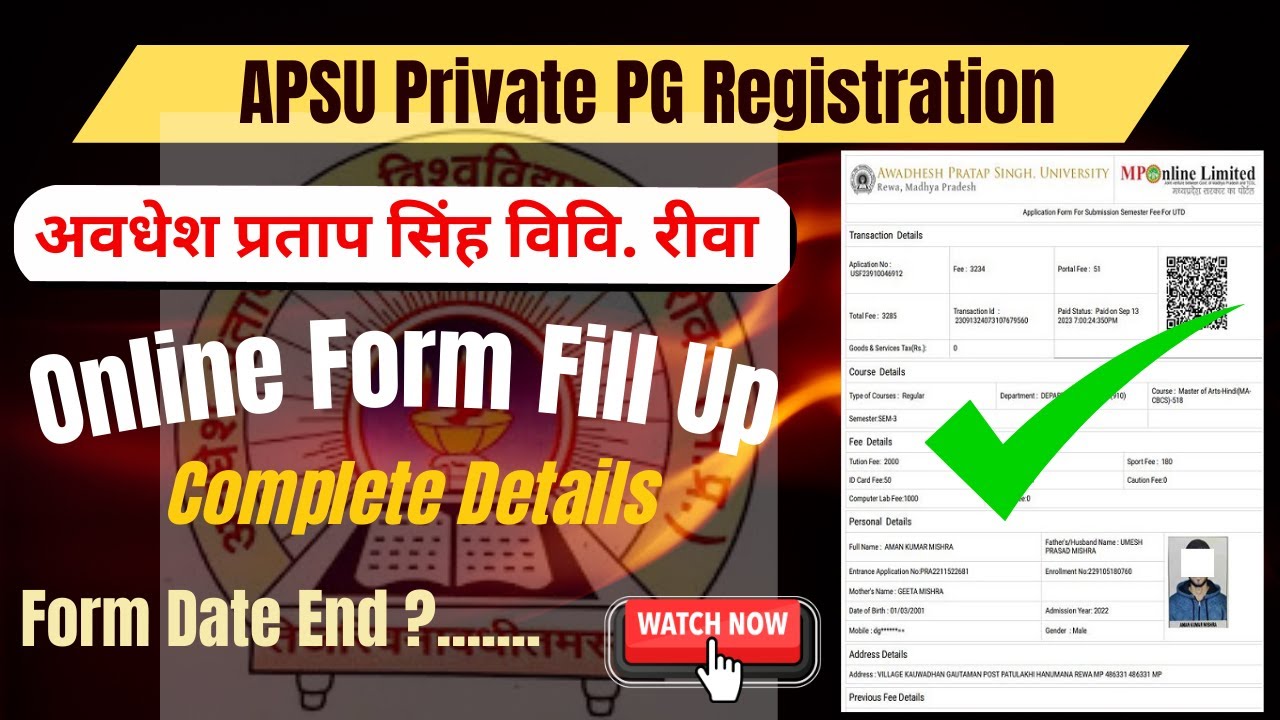 APSU PG Private Admission 2024-25 || APSU PG Enrollmenta Form Kaise ...