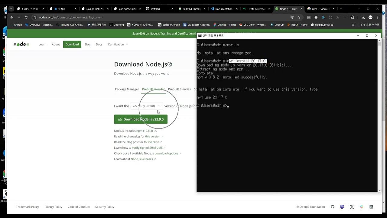 58강, REACT, nvm으로 nodejs LTS 버전 설치 및 적용 - YouTube