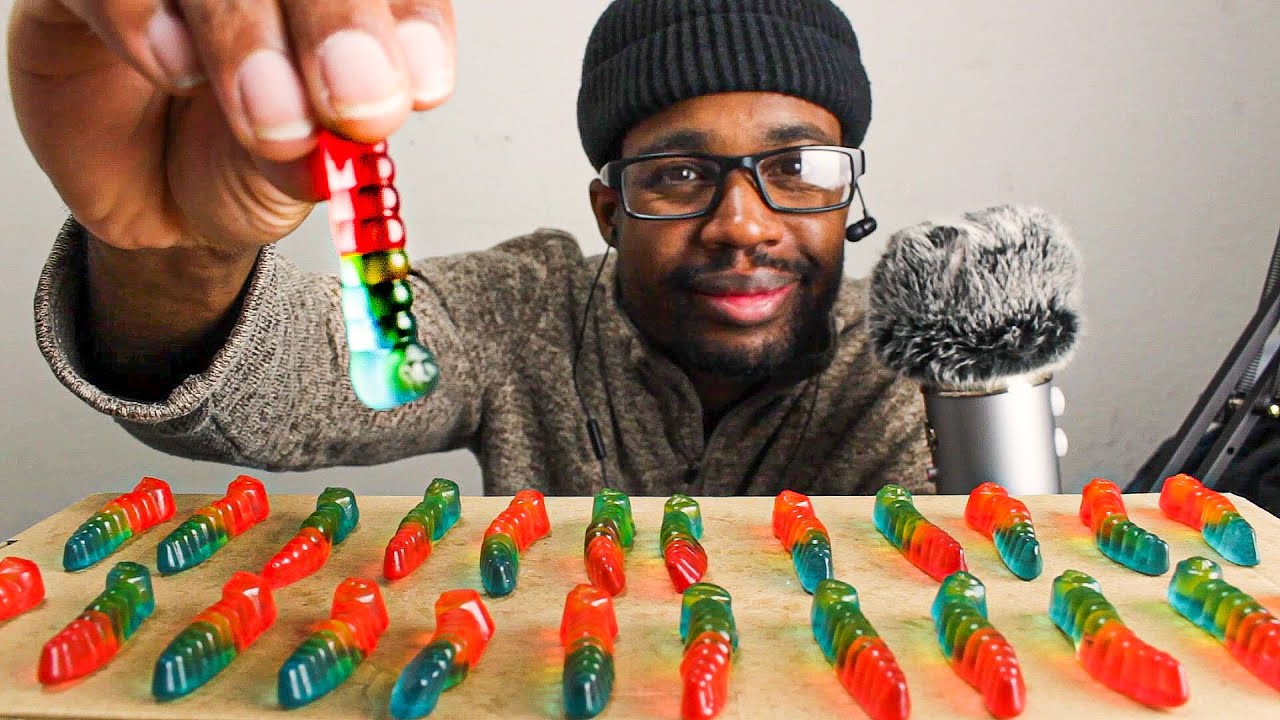 ASMR EATING HARIBO RAINBOW GUMMY WORMS CANDY ( Squishy sounds ) | ASMR ...