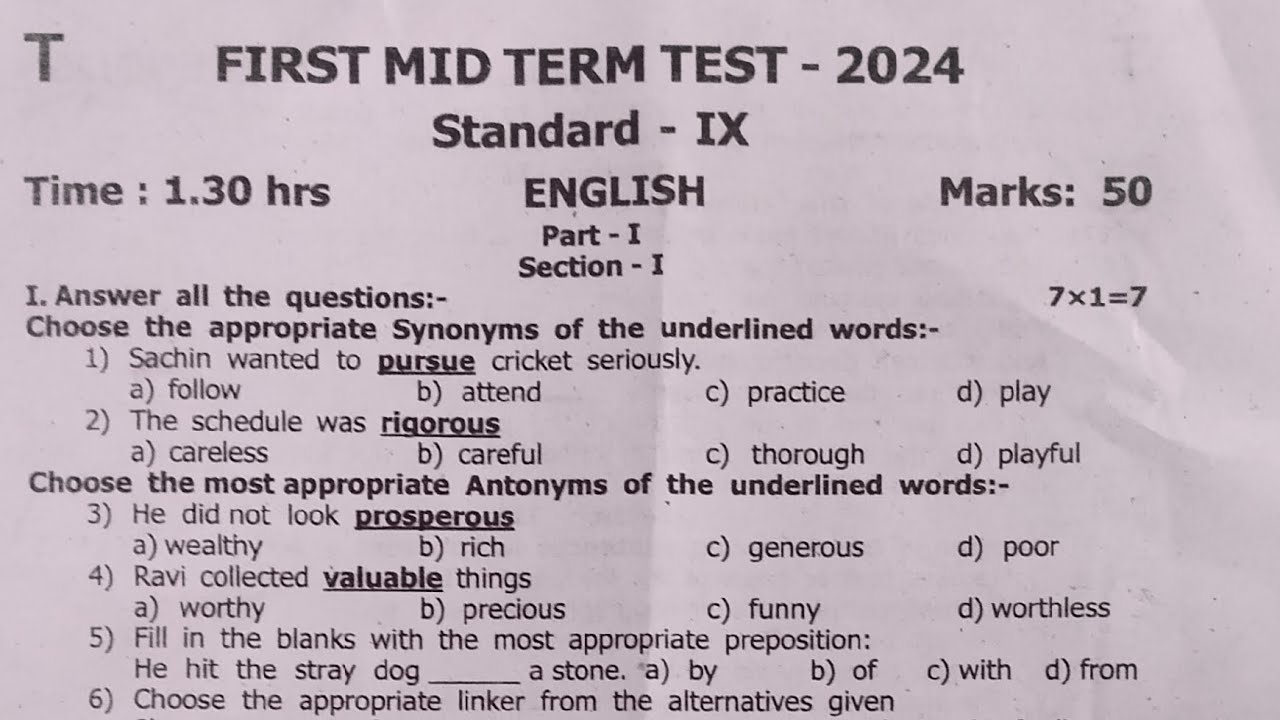 9th English First mid term test Original Question Paper 2024|9th ...