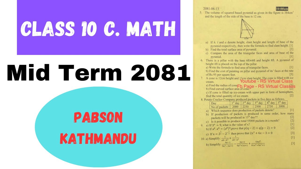 Compulsory Math || Class 10 || Mid Term Questions 2081 || Pabson ...