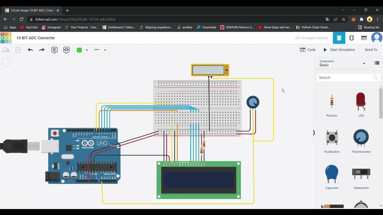 10 Bit ADC Converter Potensio LCD ARDUINO ~ Tinker CAD - YouTube