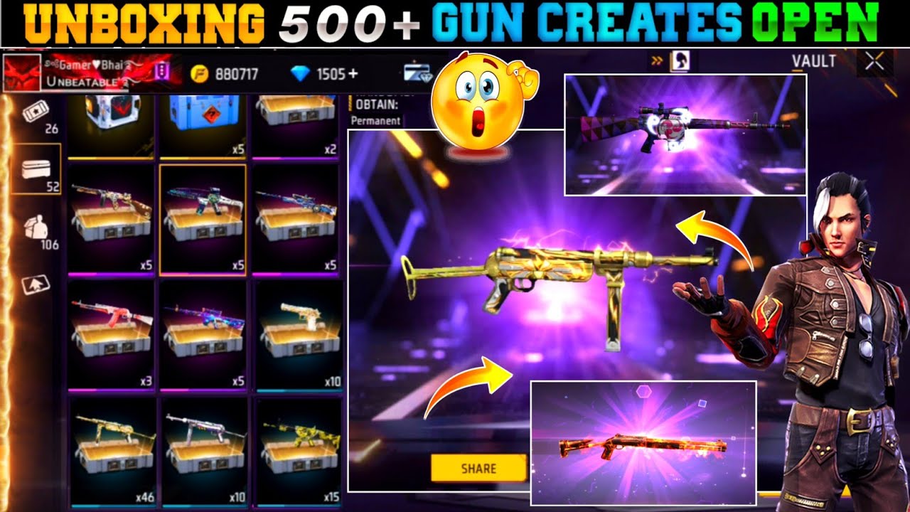 Opening 500+ Rare Gun Skin Free Fire :- Unboxing Crates Free Fire ...