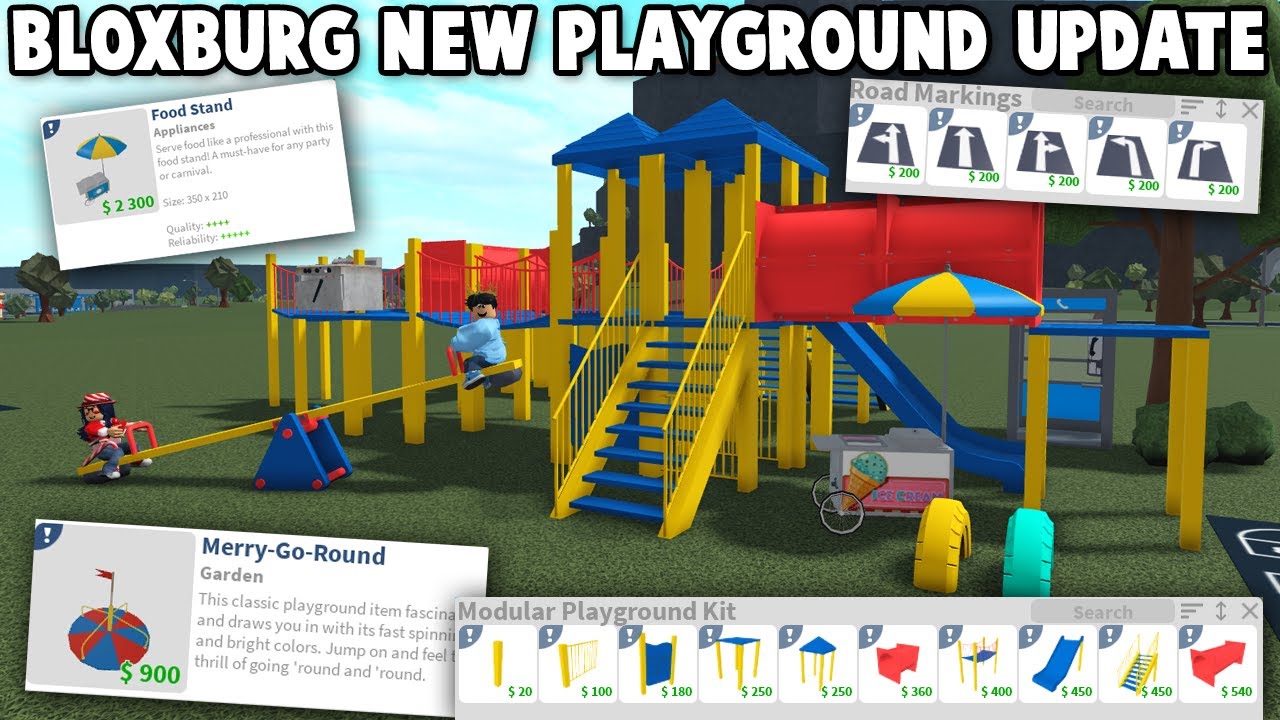 NEW BLOXBURG KIDS PLAYGROUND UPDATE... ROAD MARKINGS, FOOD STAND, MERRY ...