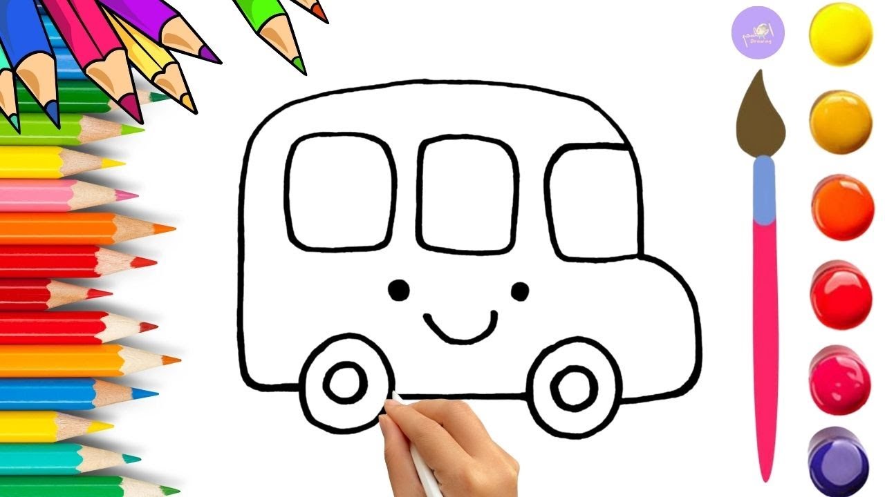 How To Draw cute Bus Drawing, Painting & Coloring For Kids and Toddlers ...