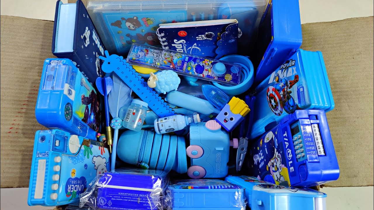 Box full of fancy blue stationery items, collection of pencil box ...