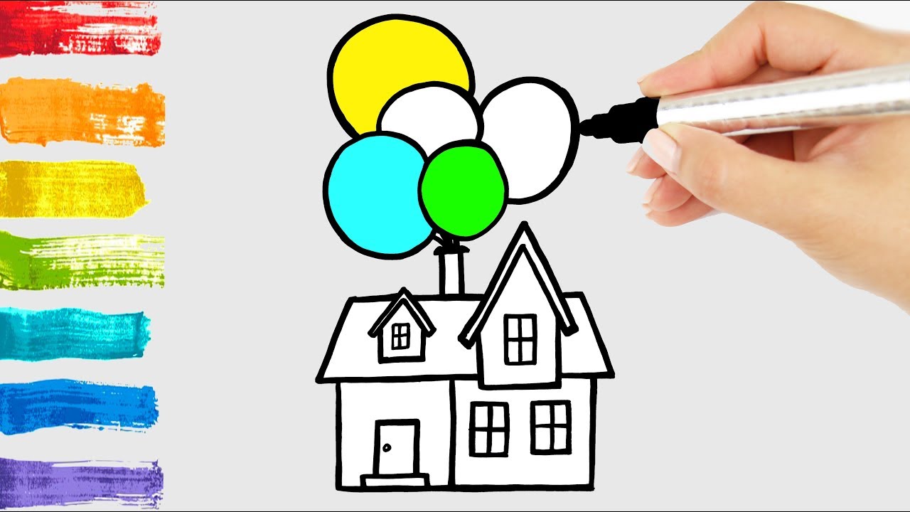 How to Draw House with Rainbow Balloons for kids - YouTube