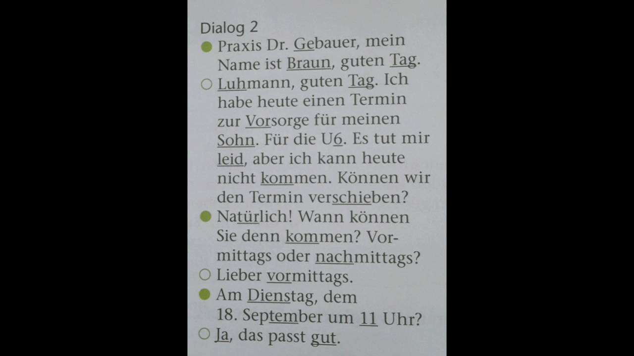 Deutsch Dialog A1- Termin verschieben - YouTube