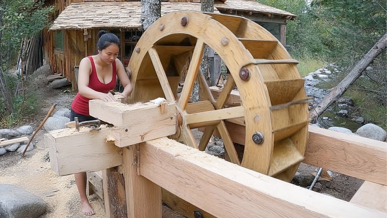 Young Woman Builds WATERWHEEL That Powers His Entire Log Cabin | Start ...