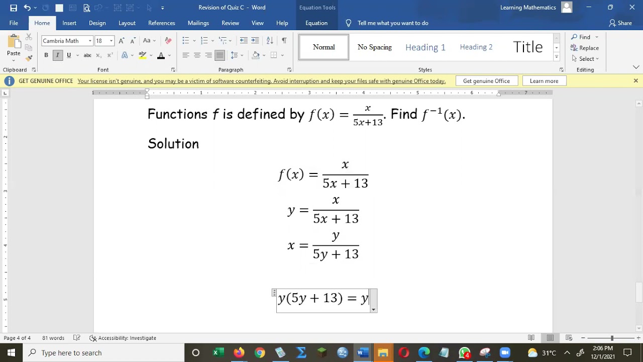 Inverse Functions Quiz C Prt 1 - YouTube