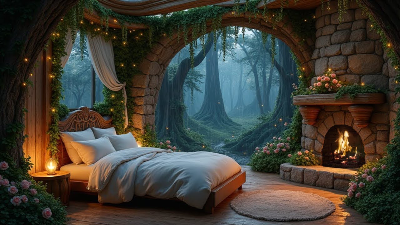 The ultimate relaxation ambience, with crackling fireplace and rain ...