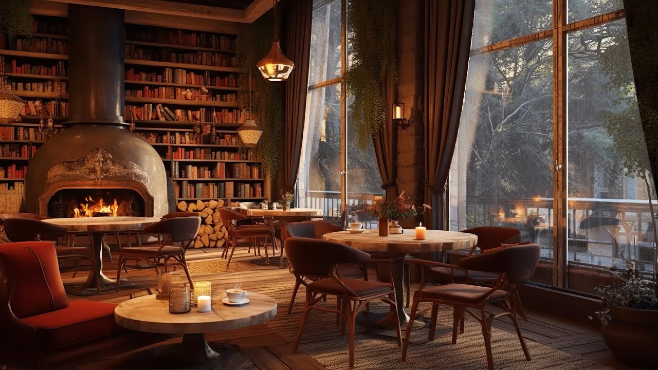 Cozy Coffee Shop Ambience with Relaxing Jazz Music, Fireplace & Rain ...