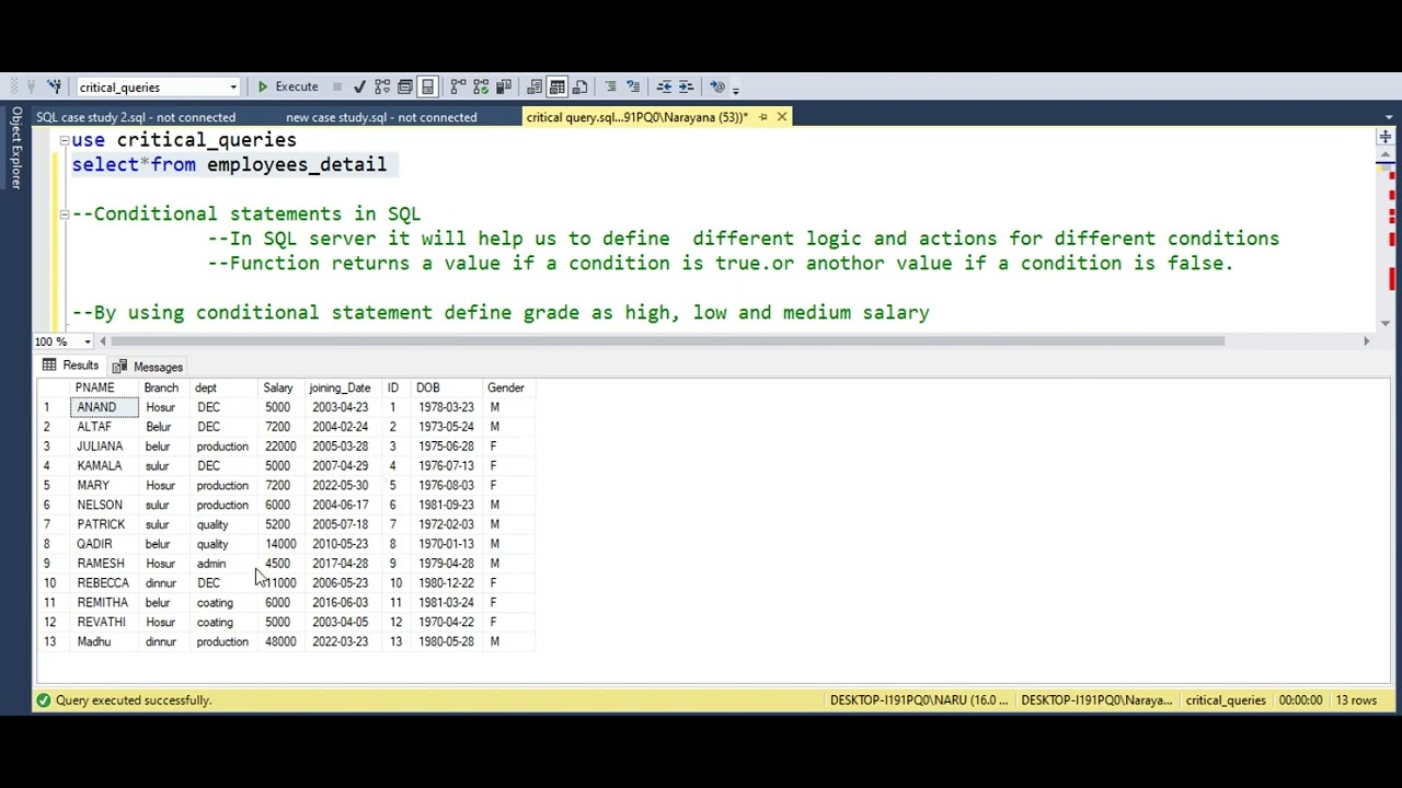 MS SQL- Explained Conditional statement to define grades for the salary column - YouTube