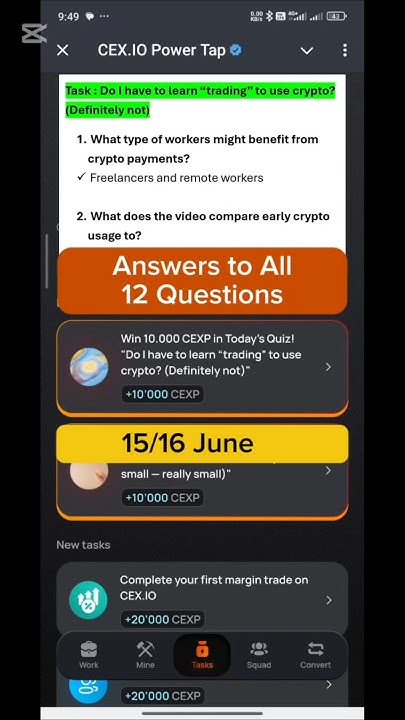 CEX.IO Quiz Answers (15/16 June) | Quiz 01 | CEX.IO Power Tap Airdrop | 100% Correct All Answers ...