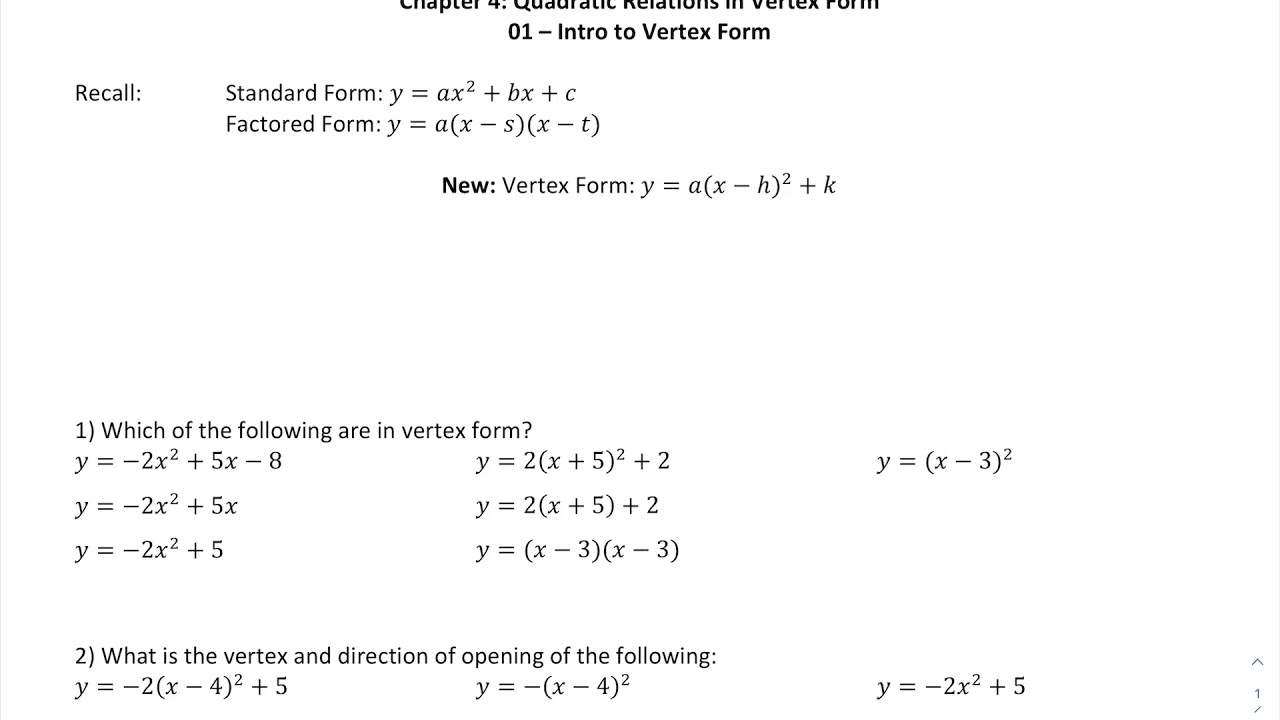 Intro to Vertex Form video 1 - YouTube