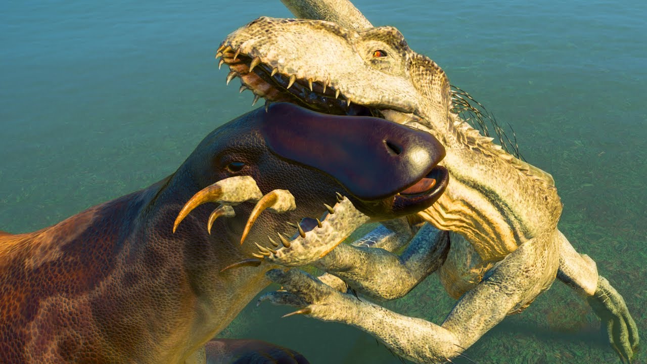 WHITE INDORAPTOR vs BLUE GIGANOTOSAURUS Eating Together & Fight ...