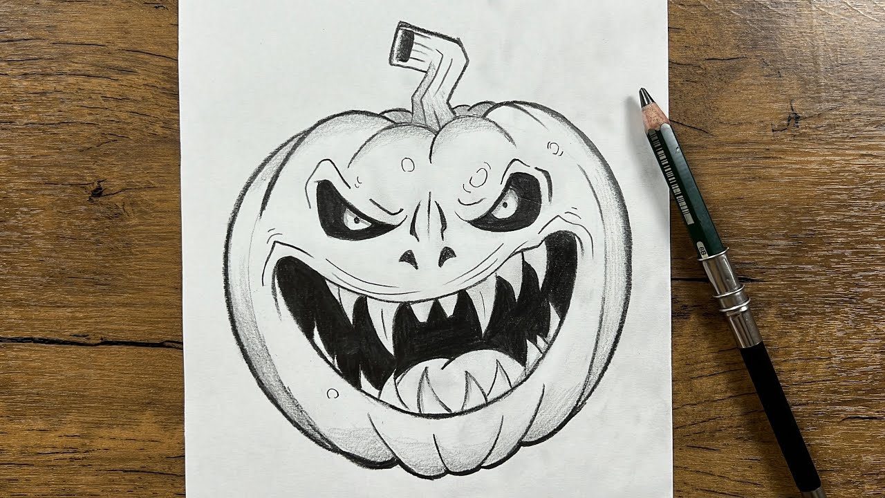 Creepy art | How to draw scary pumpkin 🎃 using just a pencil - step-by ...