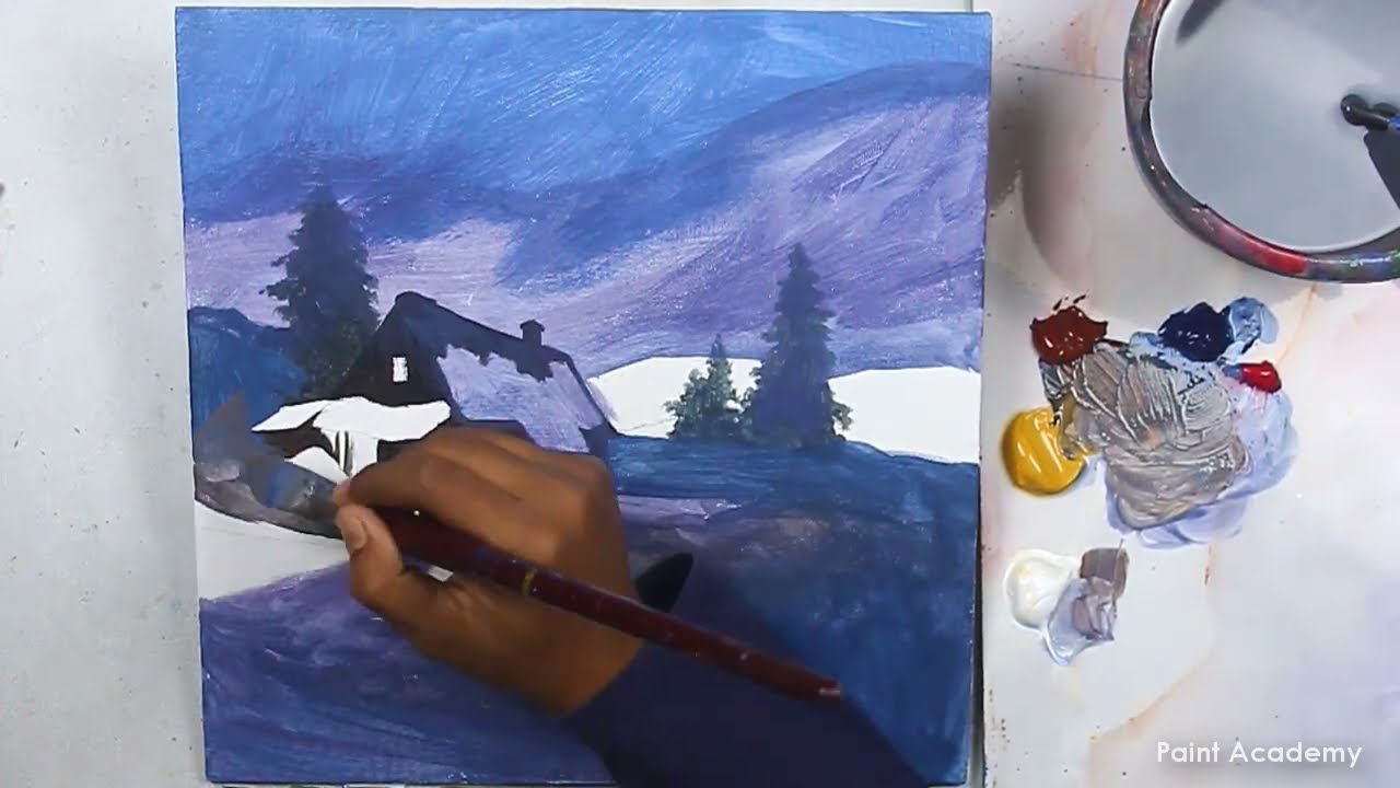How to Paint A Frozen Winter Night Scene in acrylic | step by step ...
