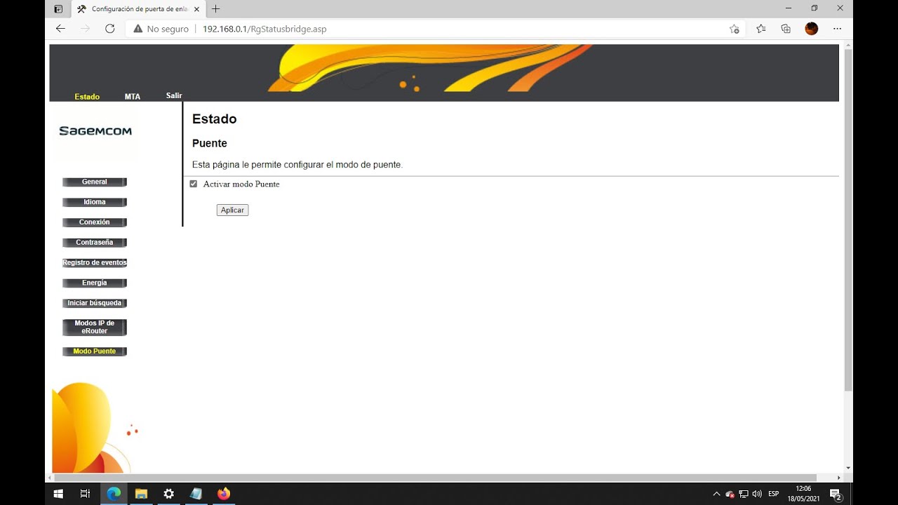 Sagemcom f@st 3686 activar el bridge cuando esta oculto por la ...