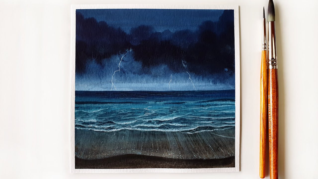 Ocean Beach Painting with Poster Color ｜ Lightning on the Ocean - YouTube