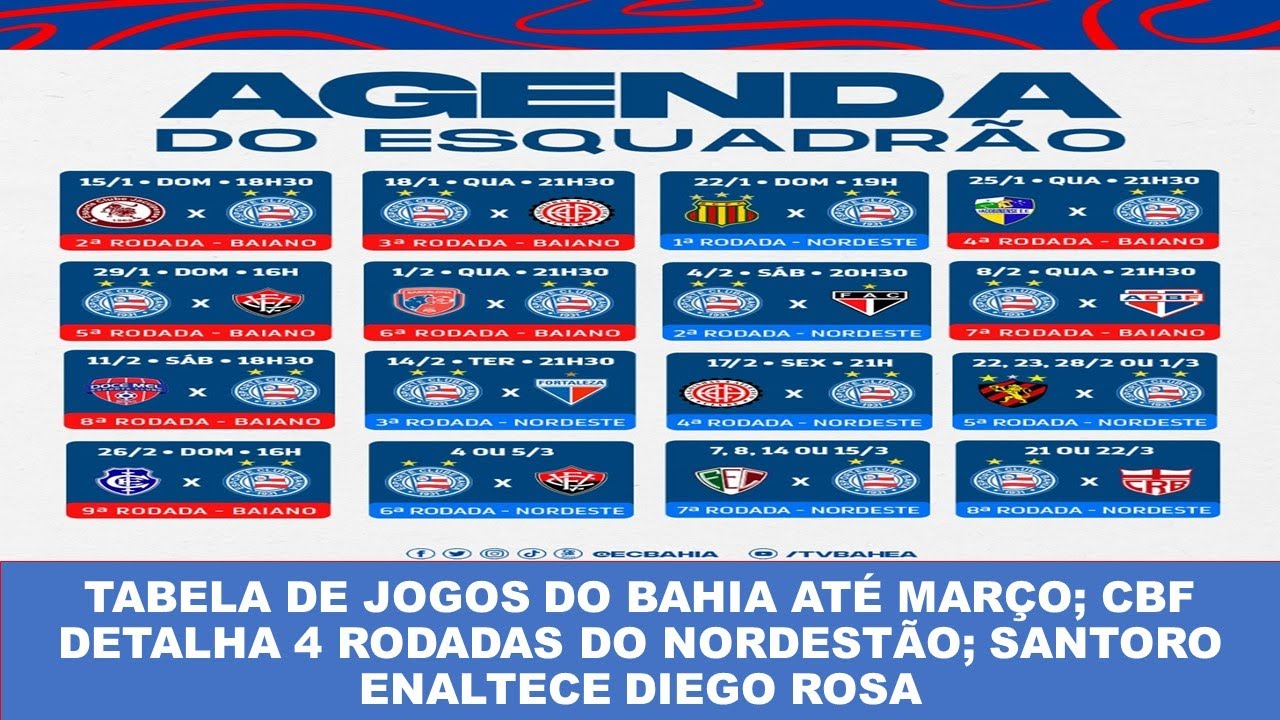 TABELA DE JOGOS DO BAHIA ATÉ MARÇO; CBF DETALHA 4 RODADAS DO NORDESTÃO ...
