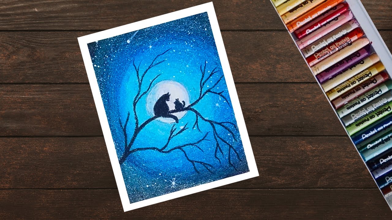 How to draw a Moonlight night cat scenery with oil pastel || Cat on a ...