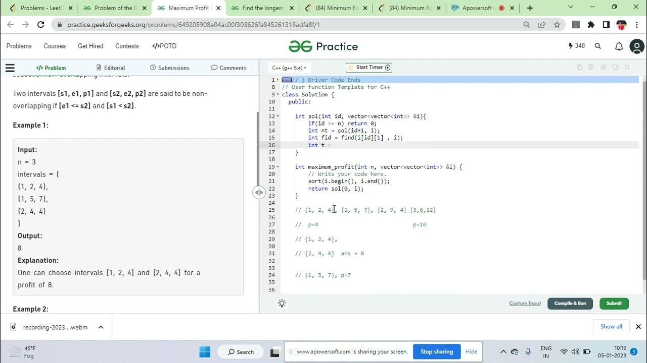 Gfg Max Profit By Choosing A Subset Of Intervals| Find the longest string| gfgpotd | 4/1/23 & 5 ...