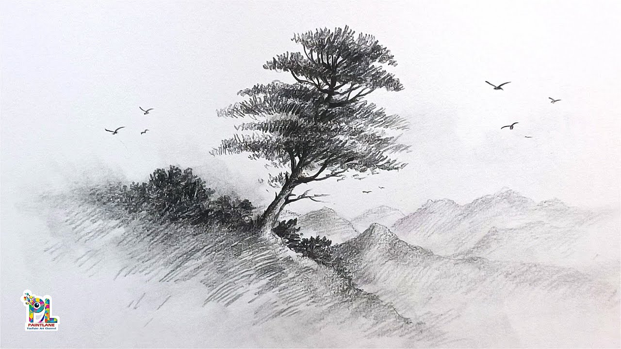 How to draw Tree near Mountains Scenery Art by Pencil - YouTube
