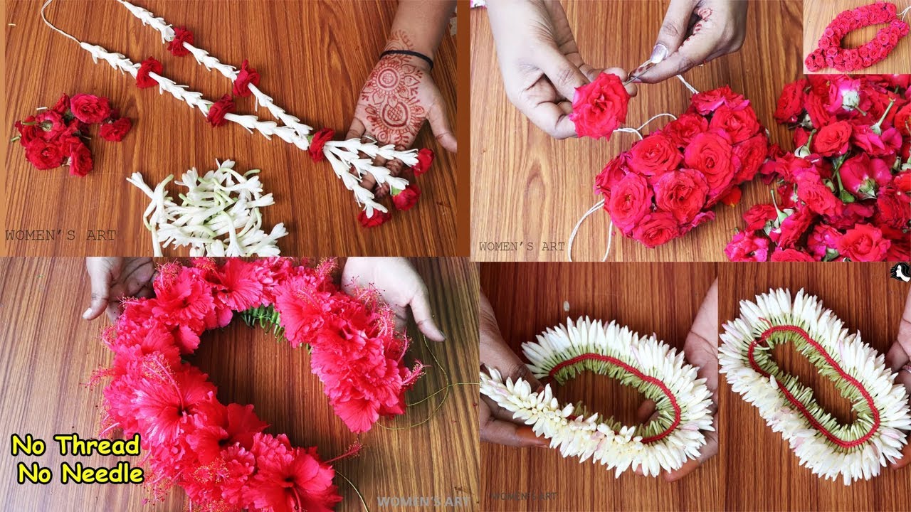 4 different types of flower garland making | how to make indian fresh ...