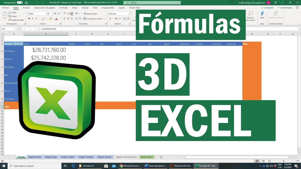 Formulas 3D Trabajar con varias hojas en Excel - YouTube
