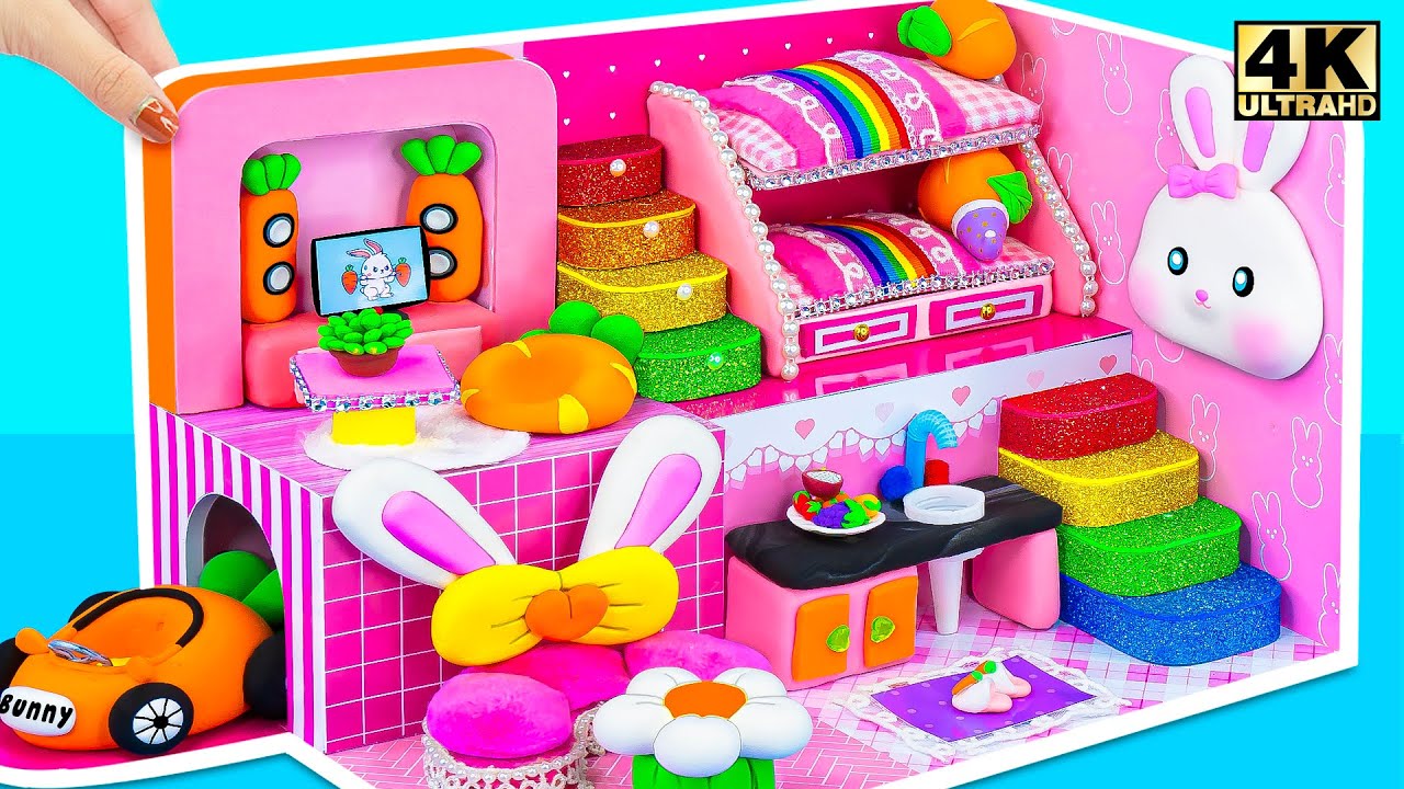 Build Two Floor Cute Pink Bunny House with Bunk Bed for Two from Clay ️ ...