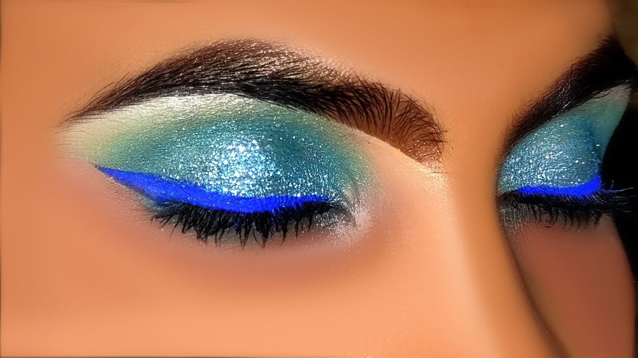 Blue Glitter Eye Makeup with Blue Liner - YouTube