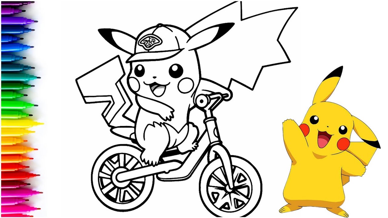 Pikachu riding a bike drawing and coloring for kids and toddlers | Pikachu cartoon - YouTube