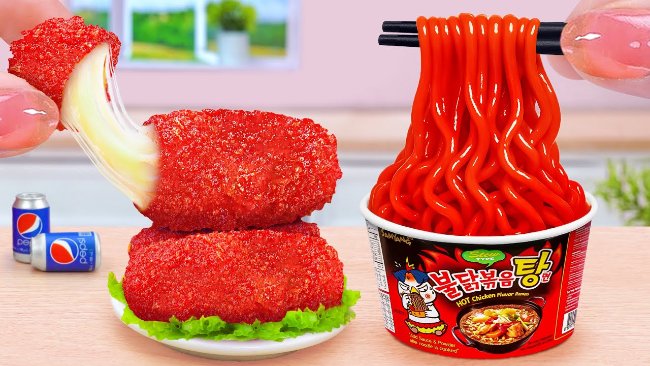 Best Korean Street Food 💗 How To Make Mini Buldak Noodles and Sausage 💗 ...