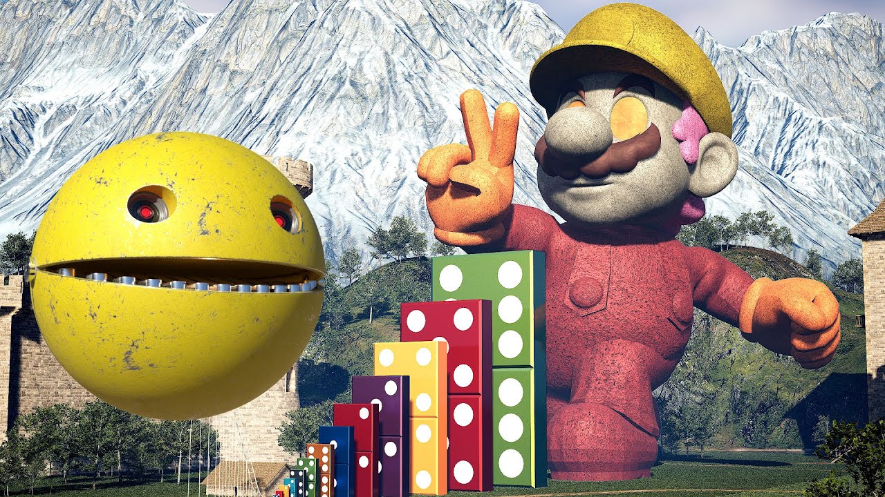 Giant Dominoes VS Giant Mario Bros from stone. Robot Pacman Starts the ...