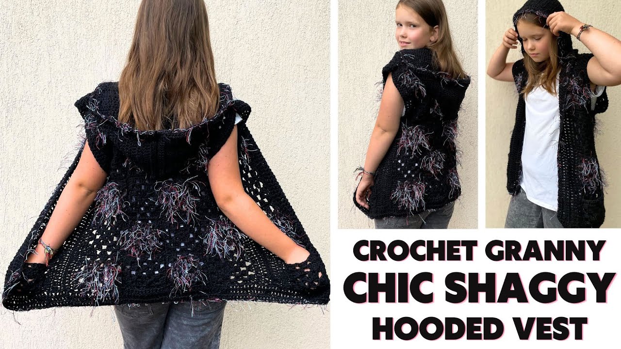 💗 Crochet SHAGGY granny square CHIC HOODED VEST! Easy vest for ...