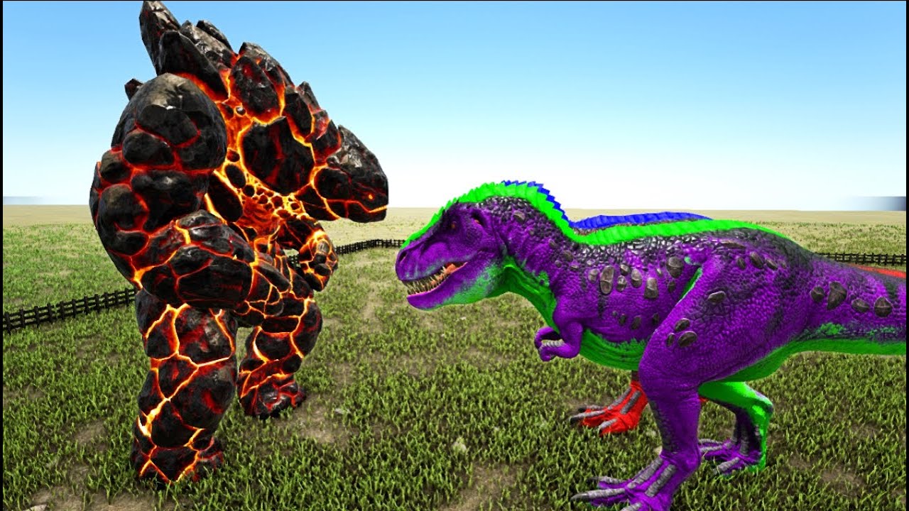 GOLEM DE LAVA VS T-REX, ESPINOSSAURO E REX TEK | ARK SURVIVAL EVOLVED ...