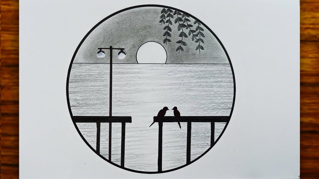 Beautiful Circle Scenery Drawing | Sunset Scenery Drawing | How to Draw ...