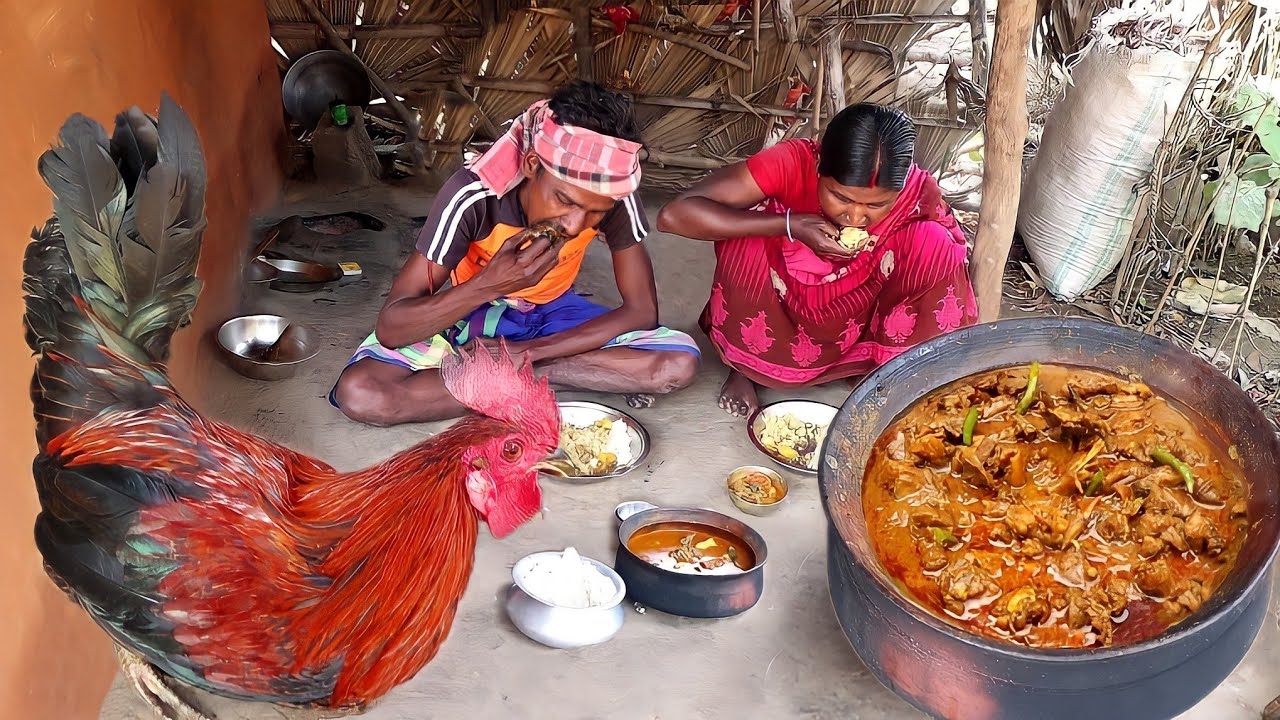original red country chicken curry cooking&eating by santali tribe ...