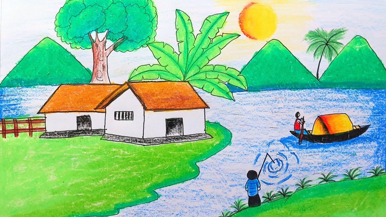 Landscape sunset village scenery drawing | how to draw village scenery ...