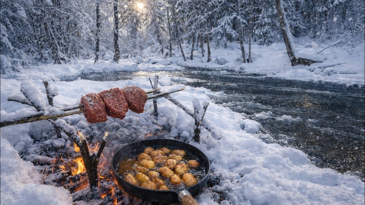 Primitive Steak Cooking over Campfire in the Winter Forest | Bushcraft ...