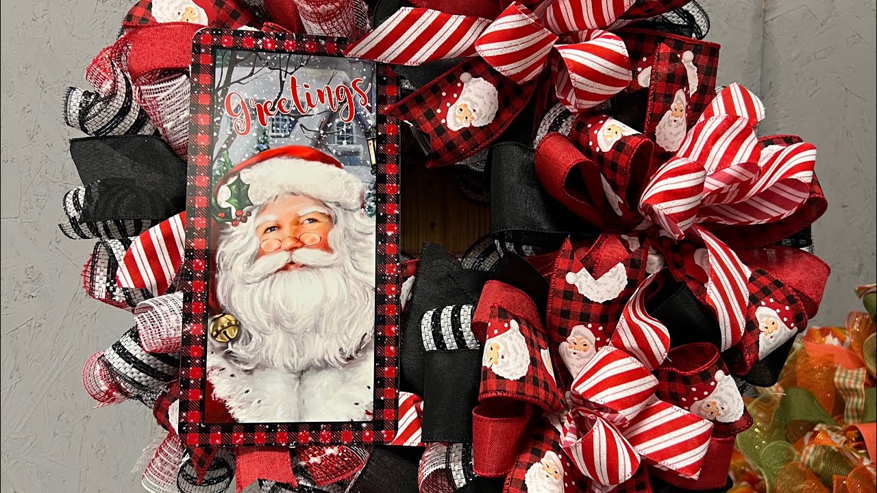 How to make a Santa red and black ruffle deco mesh wreath| Hard Working ...