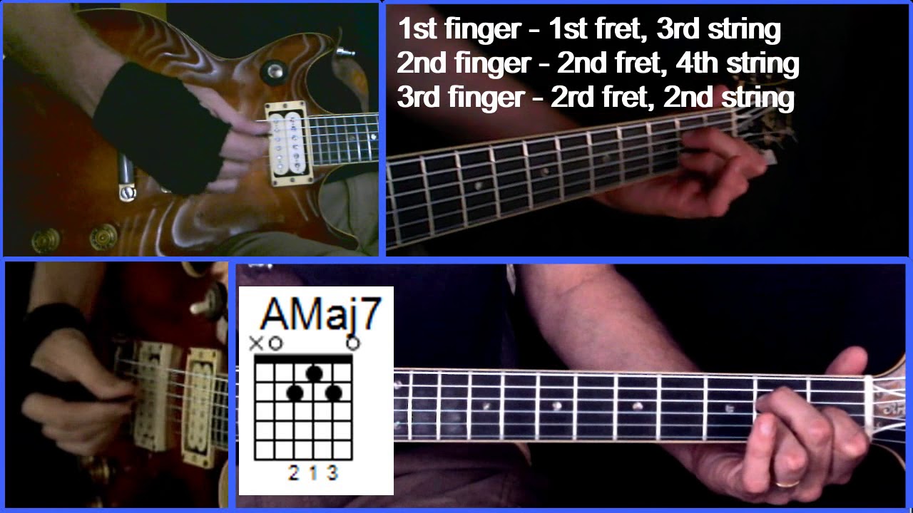 A Major 7 CHORD - HOW TO PLAY - GUITAR LESSON - W/ CHORD SYMBOLS ...