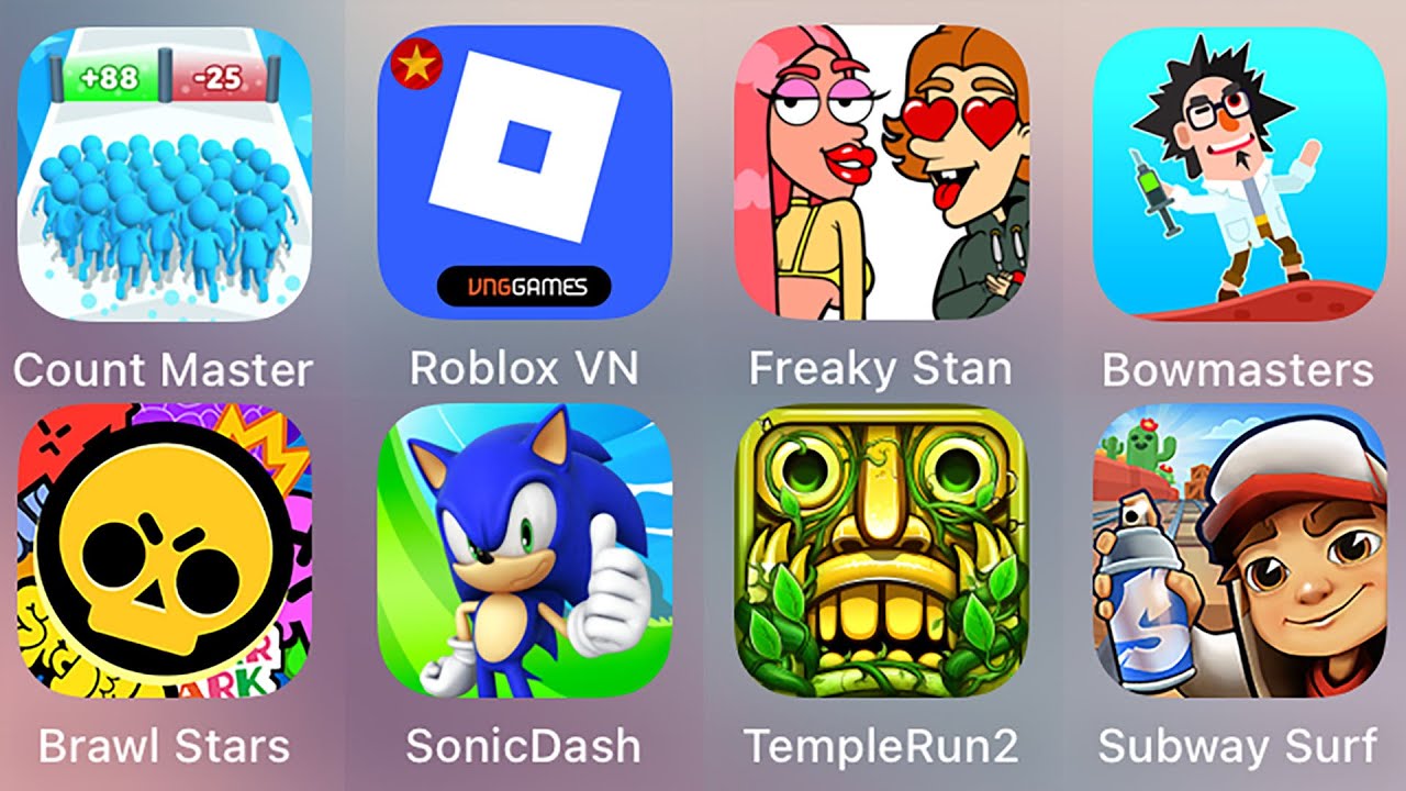 Roblox,Count Master 3D,Subway Surf,Sonic Dash,Freaky Stan,Bowmasters ...