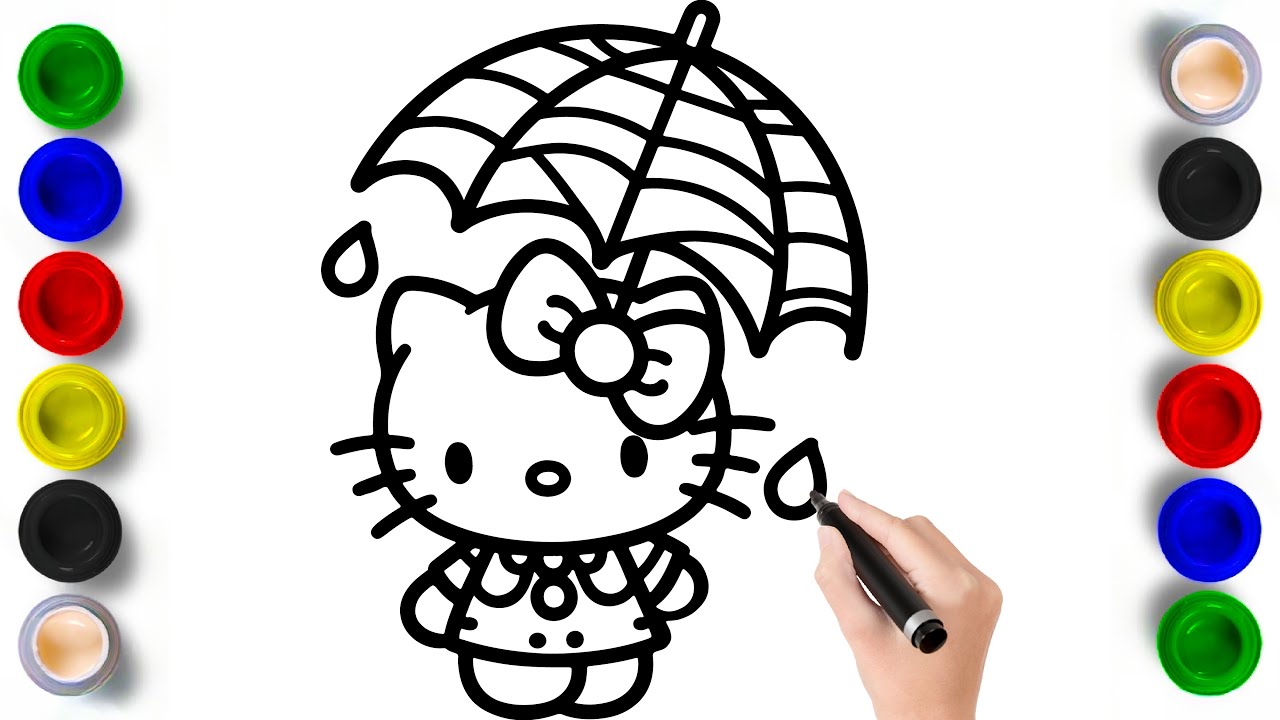 Cute Hello Kitty with Umbrella Painting & Coloring Page Marker Pen For ...