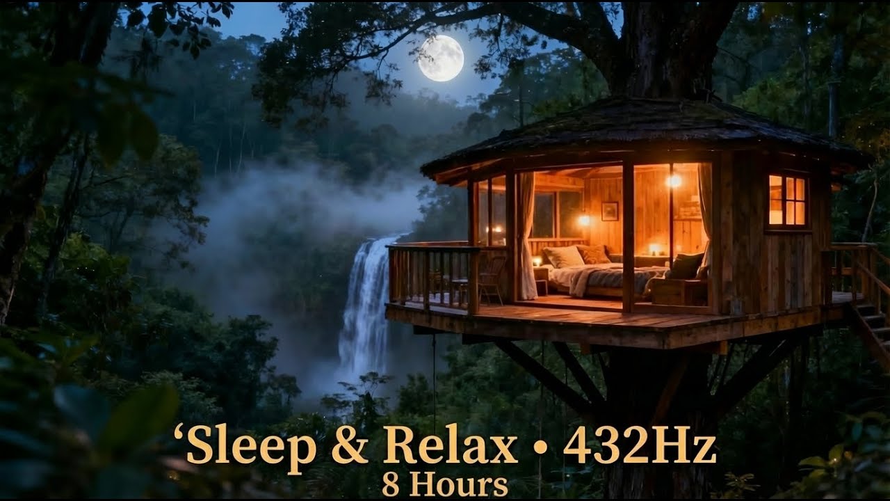 Sleep & Relax Ambience – Cozy Forest Cabin with Waterfall (432Hz • 8 ...