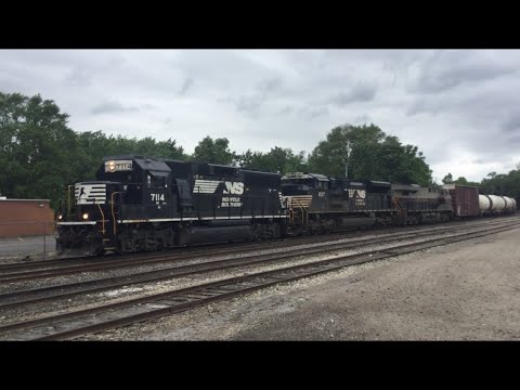 NS 7114 (GP60 with a K5LLA) leads the Norfolk Southern B11 w/ NS 8101 through Streator, IL 06/09 ...