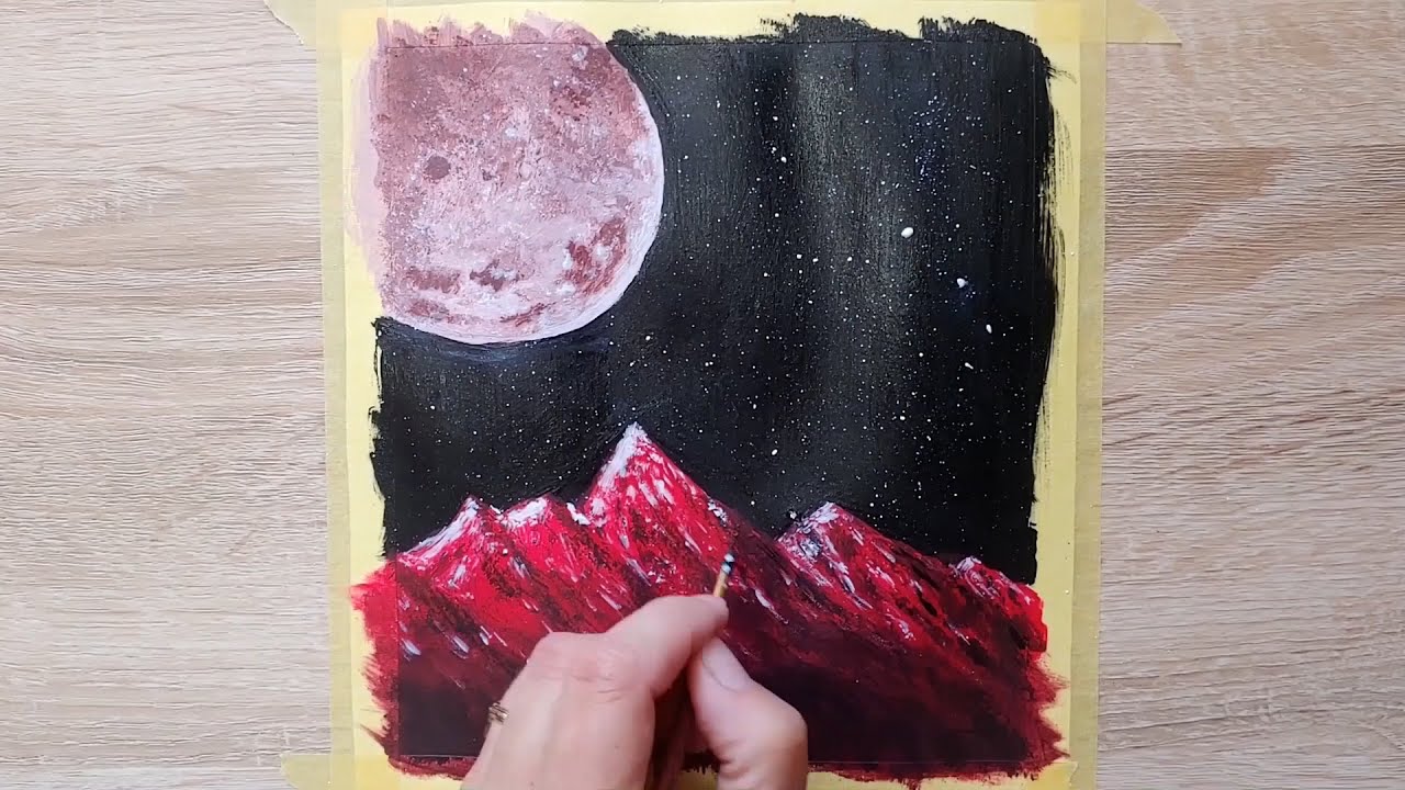 Simple lunar landscape paints / mountains under the moon / how to draw ...