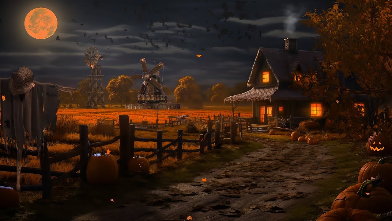 Haunted Pumpkin Farm Halloween Ambience with Relaxing Crackling Fire ...